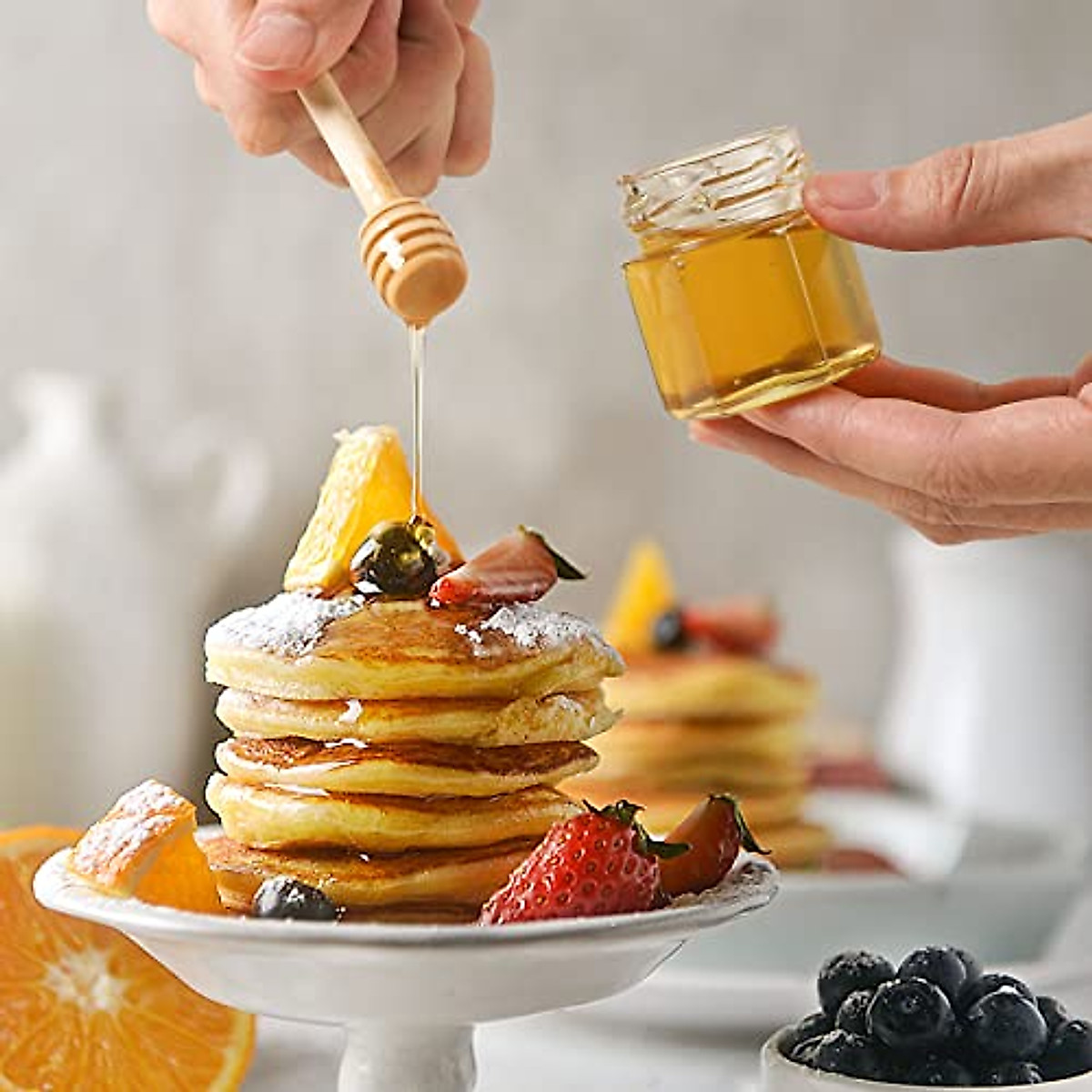 ComSaf Mini Honey Jars with Dipper 1.5oz - 40 Pack, Small Honey Glass Jar with Gold Lid, Tiny Hexagon Honey Jar in Bulk for Baby Shower, Wedding and Party Favors