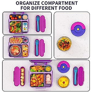 HAIXIN Bento Box for Kids - Insulated Lunch Box with Thermos for Hot Food, Leak-proof Kids Lunch Box with Cutlery and Snack Box, 4-Compartments Lunch Container for School Outdoors Office (Purple)