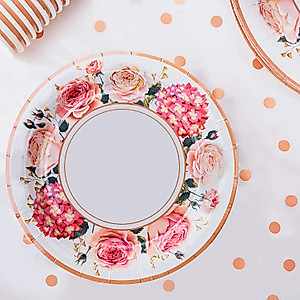 hapray Floral Party Supplies, (Serves 24) Rose Flower Disposable Paper Plates Cups Napkin, Knives Spoons Forks, Tableware Sets for Baby Shower Birthday Bridal Shower Tea Valentines Day Decorations