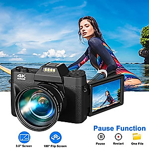 Vlogging Camera, Acoletty 4K 48MP Digital Cameras for Photography, 16X Digital Zoom, 52mm Wide Angle Lens, Macro Lens, 2 Batteries & Charging Stand, 32GB TF Card, 3.0" IPS 30FPS 180°Flip Screen Black