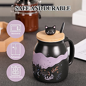 YUESHICO Witches coffee mug - Witch Ceramic Coffee Cup with Black Cat Bamboo Lid Stainless Steel Spoon, Novelty Morning Cup Tea Milk Christmas Halloween Mug Gift 420ML (Black)