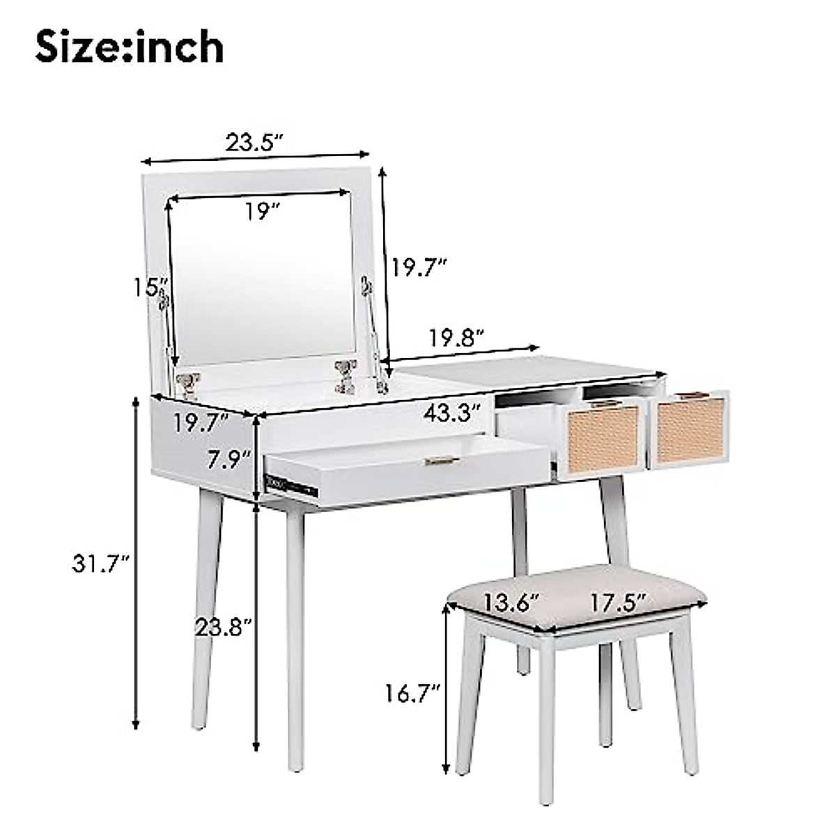Aiuyesuo 43.3" Farmhouse Makeup Vanity Set with Flip-top Mirror and Stool, Vanity Desk with 3 Drawers and Storage Space, Wood Makeup Table Set with Vanity Stool for Bedroom Studio (White-1)