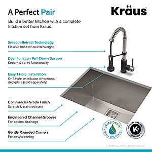 KRAUS 24-inch 18 Gauge Pax Laundry and Utility Sink Combo Set with Bolden 18-inch Kitchen Faucet and Soap Dispenser, Stainless Steel Matte Black KHU24L-1610-53SSMB