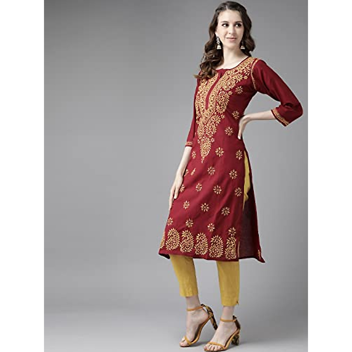 Ada Hand Embroidered Indian Traditional Chikan Women's Cotton Kurti Kurta Tunic Dress A188266 (XL, Maroon)