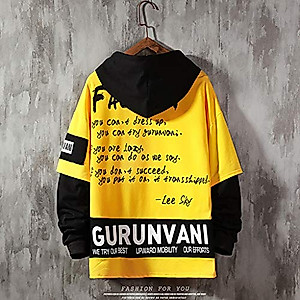 Thenlian Men's Casual Fashion Printing Patchwork Hoodie Long Sleeves Sweatershirt Tops(XXXXXL, Yellow)