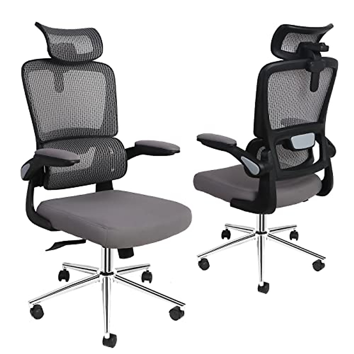 Home Office Chair Ergonomic Mesh Desk Chair with Headrest& Flip up Armrest Gaming Chair Computer Chair with Lumbar Support, Swivel Chair Executive Chairs High Back Office Chair, Grey, 1 Pack