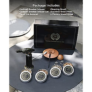 Whiskey Cocktail Smoker Kit with Torch - Beaisme Bourbon Drink Smoker Kit Old Fashioned Drink Infuser Kit with 4 Flavors Wood Chips Festival Gifts for Friends Husband Dad (No Butane)