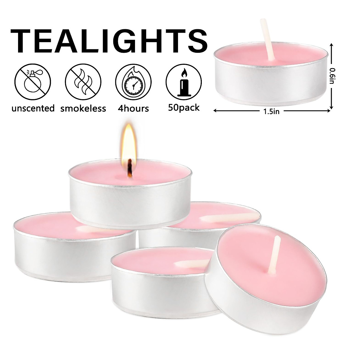 50 Pack Tealight Candles, Tea Lights Candles Set 4 Hour Pink Unscented Mini Votive Candles for Valentine's Day Anniversary Wedding Receptions