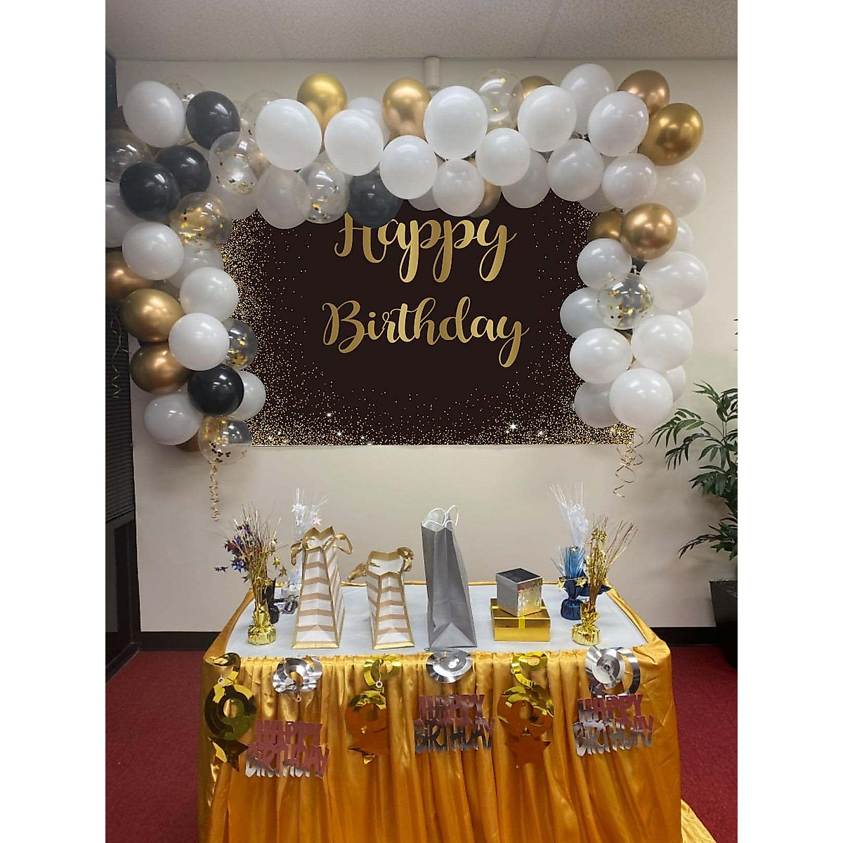 Black Gold Happy Birthday Backdrop Gold Glitter Spots Photography Background Adults Man Boy Birthday Party Table Wall Decoration Photo Shoot Booth Studio Props 7x5FT