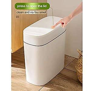 COMODID 14 Litre Trash Can with Press Top Lid, 3.7 Gallons Plastic Garbage Bin, Slim Wastebasket for Bathroom, Kitchen, Toilet, Office, Room, Bedroom, White lid Without Brush