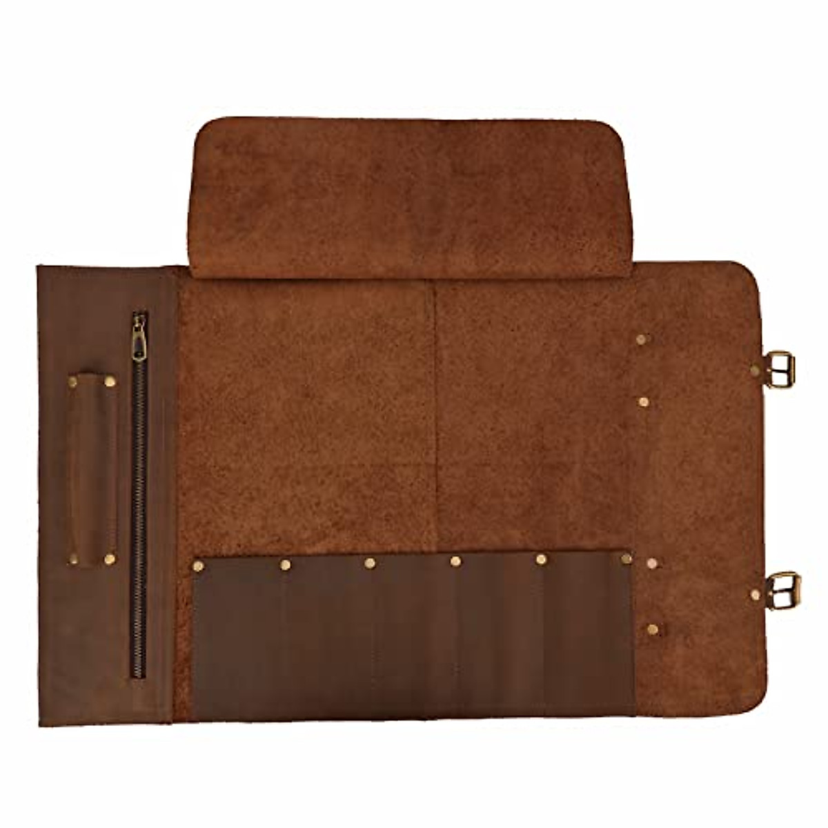 TOURBON Leather Knife Roll Bag, Kitchen Tool Holder with 5 Slot and Zipper pocket, Camping Cooking Tools Stroage Carry Case with Shoulder Strap