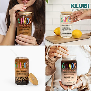 KLUBI Chaos Coordinator Glass Cup With Straw 16oz Chaos Coordinator Gifts for Women Christmas Gifts Officiant Gifts for Wedding Day Promotion Gifts for Women Nurse Gifts Bosses Day Gifts for Her