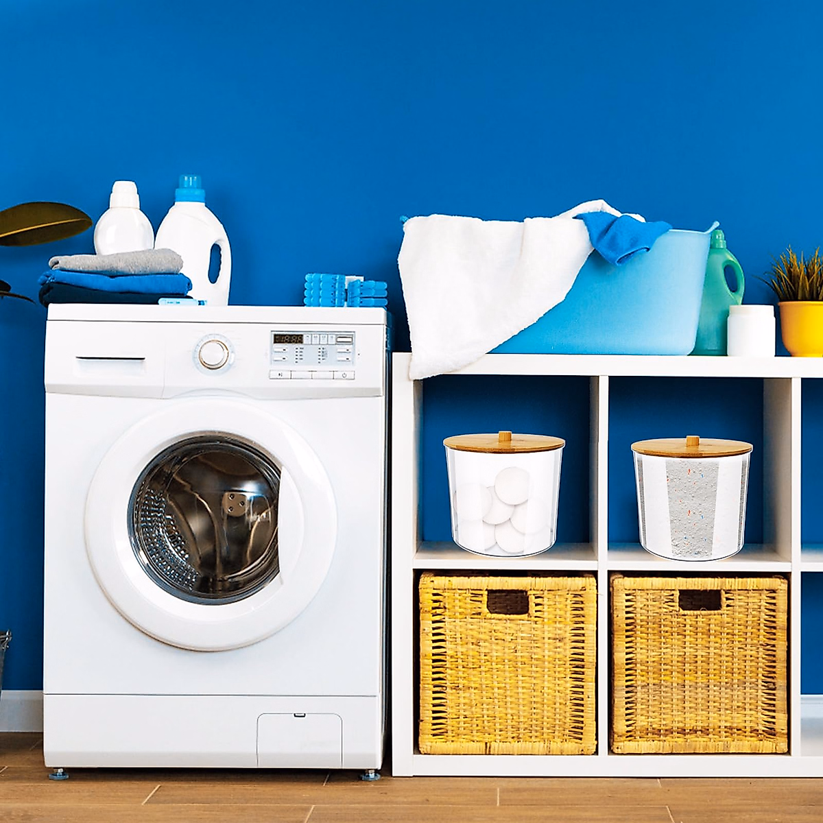 Haawooky 2 Pack Laundry Pods Container,93 oz Large Acrylic Laundry Storage Jars with Bamboo Lids,Detergent Holder for Bath Bombs,Dryer Balls,Scent Boosters,Laundry Room Organization