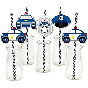Big Dot of Happiness Calling All Units - Police - Paper Straw Decor - Cop Birthday Party or Baby Shower Striped Decorative Straws - Set of 24