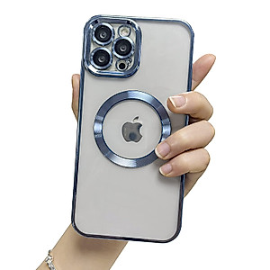 Uioeua Compatible with iPhone 13 Pro Max Magnetic Clear Case,Luxury Plating Bling Transparent Shockproof MagSafe Case with Full Camera Lens Protector for iPhone 13 Pro Max Women Girl Men-Sky Blue