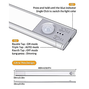 DUSKTEC Motion Sensor Light Indoor Under Cabinet Lighting Wireless 3 Color Dimmable Rechargeable Detachable Battery Operated Magnetic Closet Lights for Kitchen Counter Wardrobe Stairway