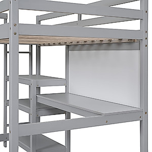 GINGVAT Twin Size Loft Bed with Desk and Shelves,Wooden Loft Bed Frame with Writing Board,for Kids Teens Boys Girls,No Spring Box Needed,Gray