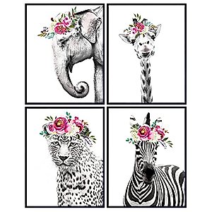 Jungle Animals Floral Watercolor Wall Art Print 4 Posters Set - Home Decor for Girls, Teens or Kids Room, Baby Bedroom, Nursery - Great Shower Gift - 8x10 Unframed - Giraffe, Zebra, Elephant, Leopard
