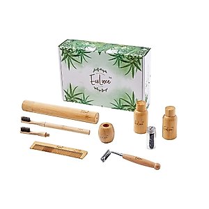 EcoLuxe Sustainable Gift Box Personal Care Travel Sized Toiletries Bundle, Bamboo Toothbrush, Dental Floss, Comb,Liquid Containers, Razor, Bamboo Travel Case and Stand, 9 Items