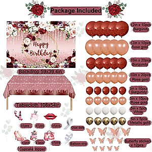 Yancan Floral Happy Birthday Decorations Women Birthday Party Supplies Including Flower Birthday Backdrop, Burgundy Rose Gold Balloons Garland Arch Kit, Tablecloth, Cupcake Toppers for Girls