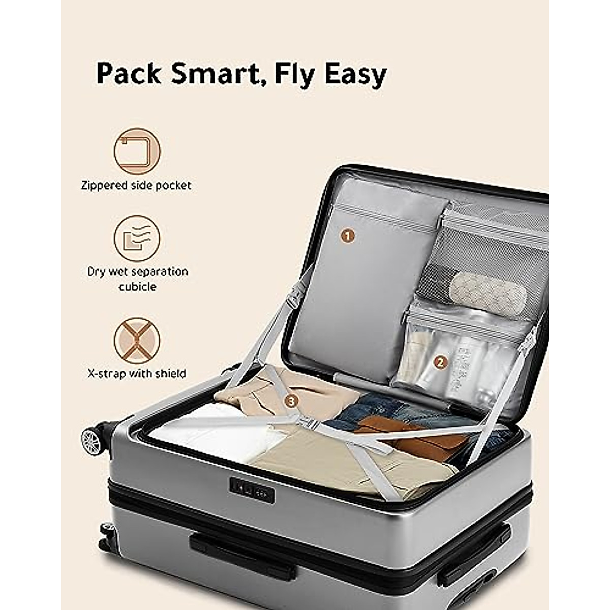 LUGGEX Silver 26 Inch Luggage with Spinner Wheels, Expandable PC Hard Shell Checked Suitcase with Front Opening, Lightweight