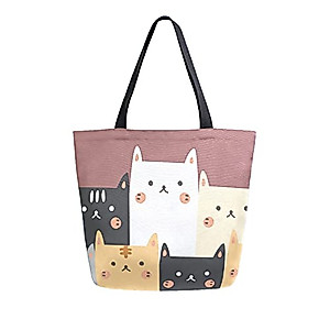 ALAZA Cut Cat Kitten Print Kawaii Large Canvas Tote Bag Shopping Shoulder Handbag with Small Zippered Pocket