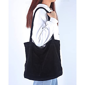 TCHH-DayUp Large Corduroy Tote Bag for Women Girl Casual Work Shoulder Handbags Simple Canvas Purse Black