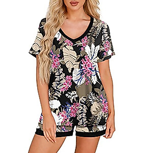 PrinStory Women's Pajama Set Short Sleeve Shirt and Shorts Sleepwear Pjs Sets with Pockets FP-Big Leaf Pink-Large