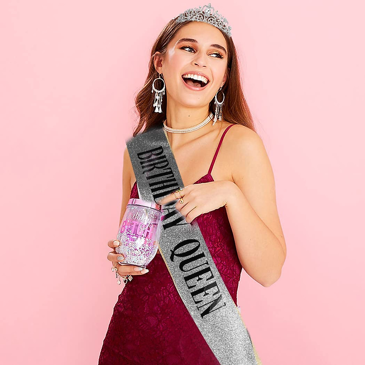 AOPRIE Birthday Crown for Women Birthday Queen Sash Silver Birthday Tiara for Women Princess Crown Rhinestone Happy Birthday Accessories Party Favor