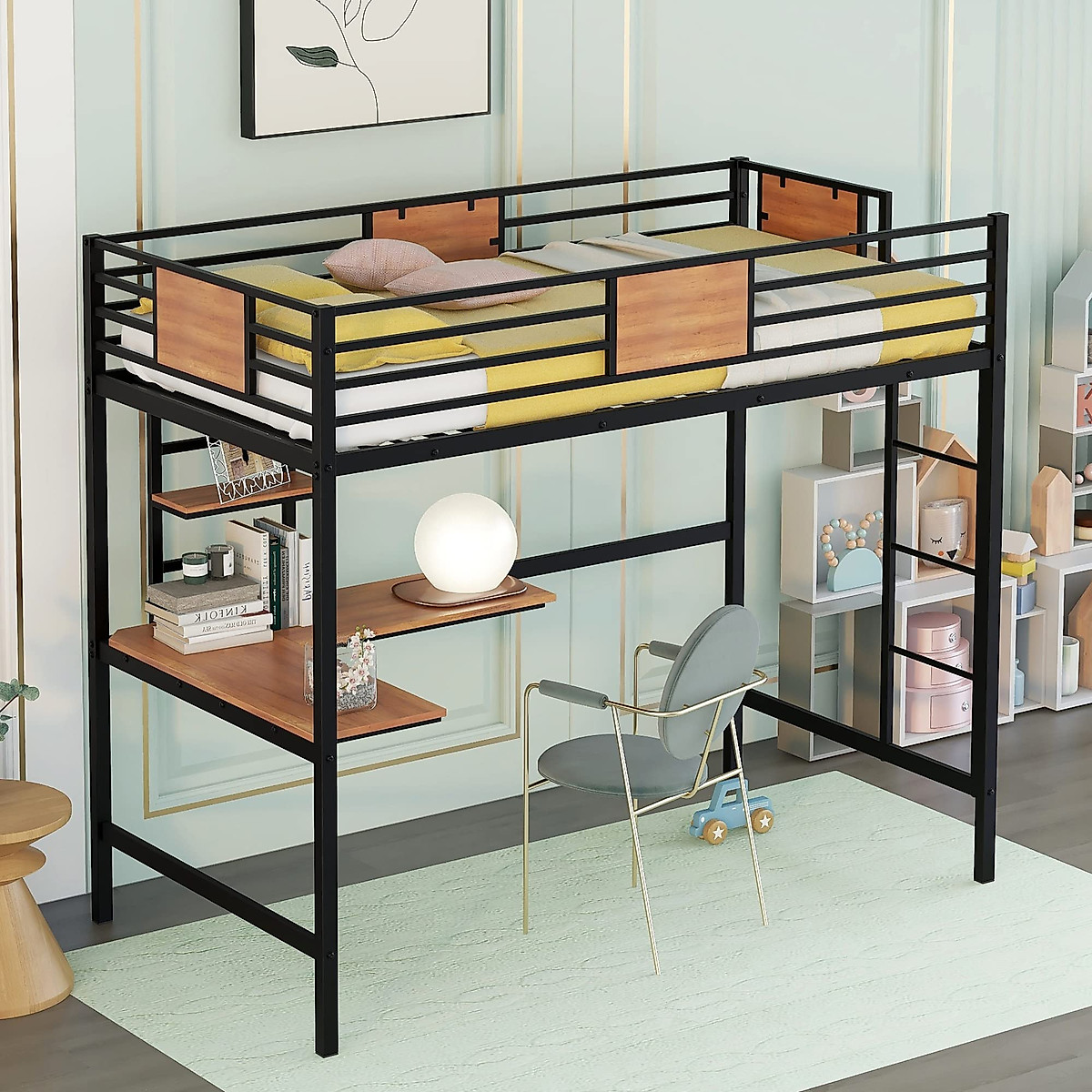 Metal Loft Bed Frame, Twin Size Loft Bed with Desk and Storage Shelves, Metal Bed Frame with Safe Guardrail & Ladder for Kids Teens Adults, Space Saving Loft Bed, No Box Spring Needed (Black 1)
