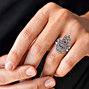 AeraVida Delicate Henna Hand of Hamsa .925 Sterling Silver Ring | Wedding Rings For Women | Boho-inspired Comfort Fit Silver Rings for Women | Sterling Silver Rings Sizes (9)