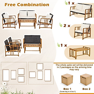 Tangkula 4 Pieces Patio Sofa Set, Outdoor Mix Brown Rattan Conversation Set with Acacia Wood Frame, Cozy Seat & Back Cushions, All-Weather PE Wicker Chair & Table Set for Porch, Poolside (Off White)
