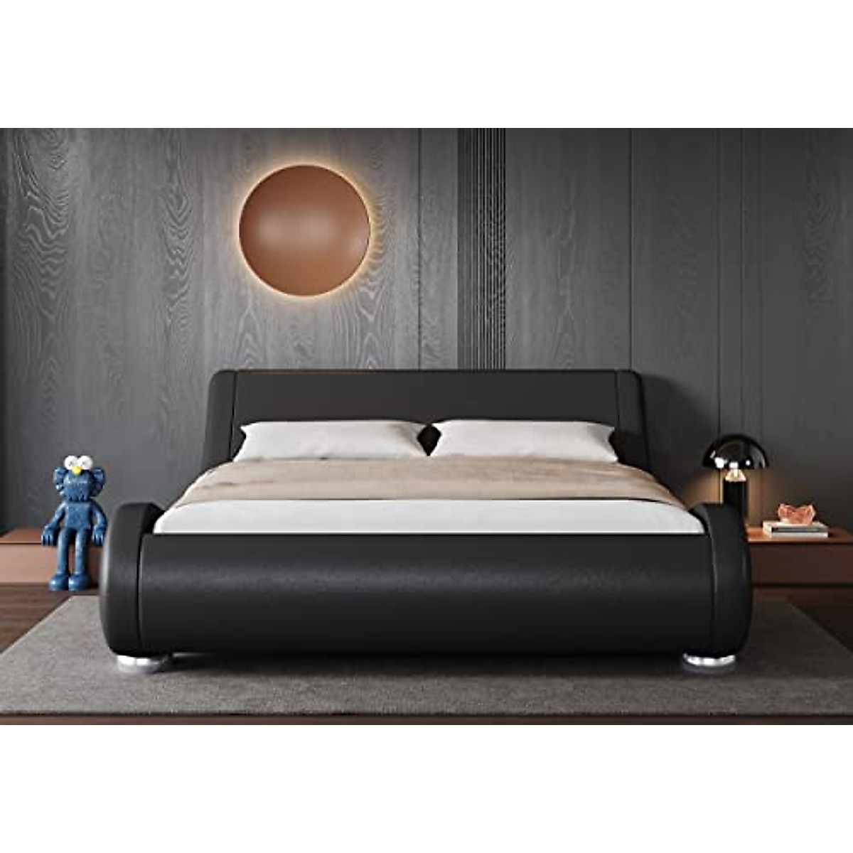 Allewie King Size Upholstered Platform Bed Frame with Ergonomic & Adjustable Headboard, Low Profile Sleigh Design for Elegant Bedroom - No Box Spring Needed, Easy Assembly, Black