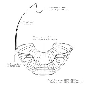 Spectrum Diversified Contempo Ellipse Holder Modern Kitchen Countertop Bowl & Banana Tree, Steel Wire Fruit Basket, Produce Saver & Banana Hanger, Chrome