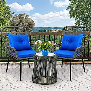 YITAHOME 3-Piece Outdoor Patio Furniture Wicker Bistro Set, All-Weather Rattan Conversation Chairs for Backyard, Balcony and Deck with Soft Cushions, Glass Side Table (Gray+Navy Blue)