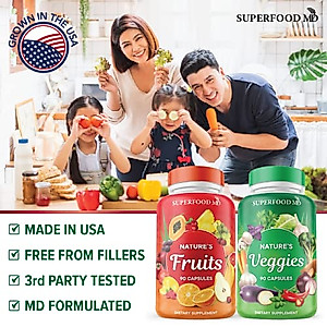 Superfood MD Fruits and Veggies Supplement - 90 Fruit and 90 Veggie Capsules -100% Whole Natural Superfood - Filled with Vitamins and Minerals - Supports Energy Levels - Made 90 Count (Pack of 2)