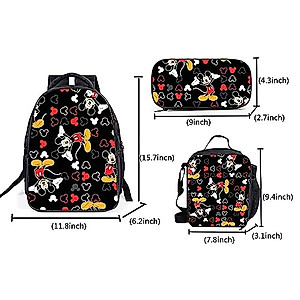 Funny Mic.key Mouse 3Pcs School Backpack, 3pcs Printed Backpack Sets for Primary Junior High University School Bookbag 3 in 1 And Lunchbox And Pencil Pouch