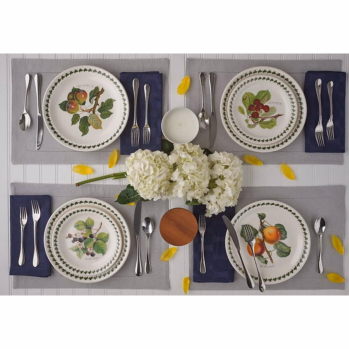 Portmeirion Pomona Collection | Set of 6 | Ceramic Dinnerware Dish Set | Microwave and Dishwasher Safe | Assorted Fruit Motifs | Made in England (Salad Plates)