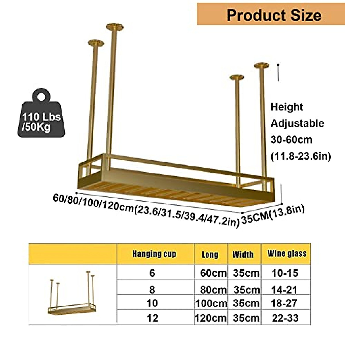 KEPMOGOH Ceiling Wine Glass Rack, Adjustable Hanging Metal Wine Holder Cabinet, Floating Iron Bottle Holder Wine Shelf, Wall-Mounted Wine Rack Storage Shelve for Bar Cafe Kitchen Party(Size : 120cm)
