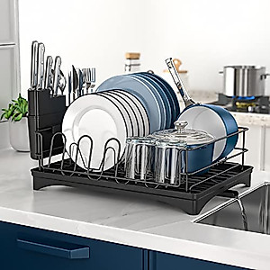 YASONIC Dish Drying Rack with Drainboard Small Stainless Steel Dish Drainer with Swivel Spout - Dish Racks for Kitchen Counter- Rustproof Dish Rack with Removable Utensil Holder - Black