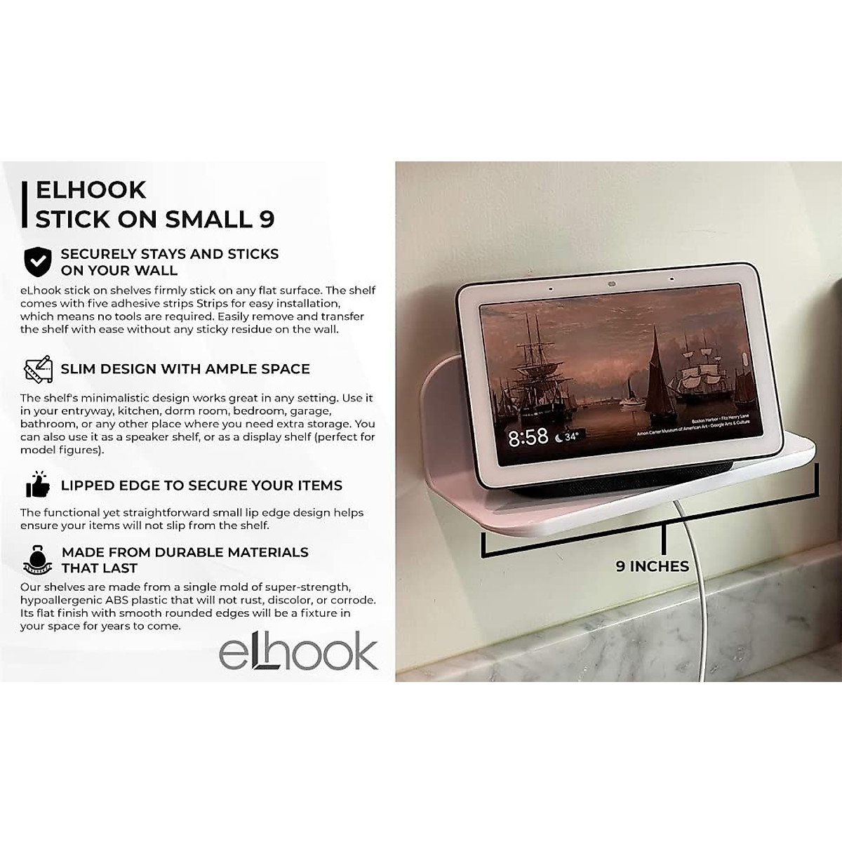 eLhook Made in USA White Stick-On Removable Floating Wall Shelf Textured ABS Molded Plastic with Lipped Edges and Cord Managment | Designed for Stick-On Adhesives or Screws