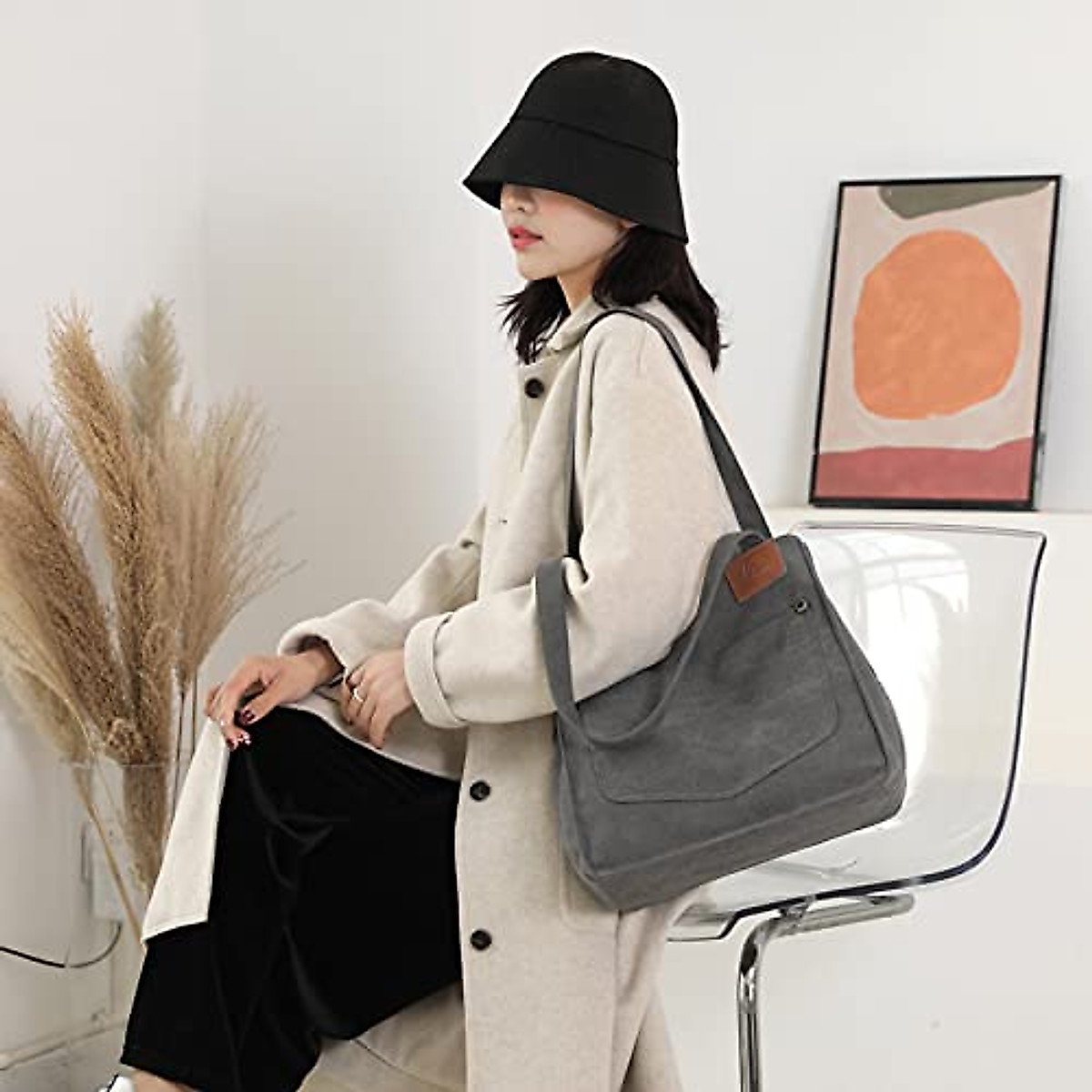 ArcEnCiel Canvas Tote Bag With Zipper, Handbags For Women Large Capacity Purse Shoulder Bags With Pockets(Gray)