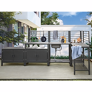 Domi 5-Piece Outdoor Kitchen Island with Storage, Aluminum Kitchen Islands Stainless Steel Sink w/Faucet, Corner Bar Storage Cabinet, Outdoor Kitchen with Protective Cover for Deck, Patio