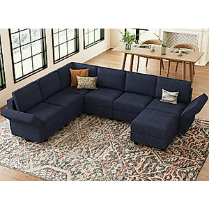 Belffin Modular Sectional Sofa with Storage Ottoman Seats, Corduroy Convertible Oversized Modular U-Shaped Sectional Couch for Living Room, Blue