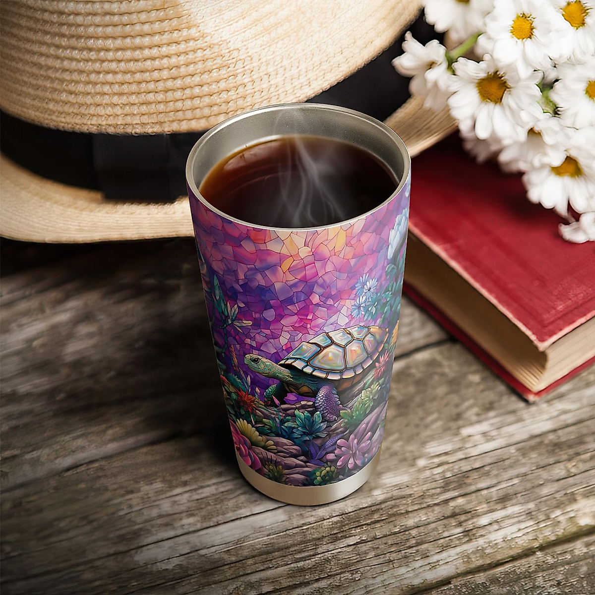 20oz Purple Stained Glass Flower Sea Turtle Tumbler, Gifts for Turtle Lovers, Ocean, Beach Gifts, Coffee Thermos for Women, Stainless Steel Double Wall Vacuum Insulated Coffee Mug, Travel Cup with Lid