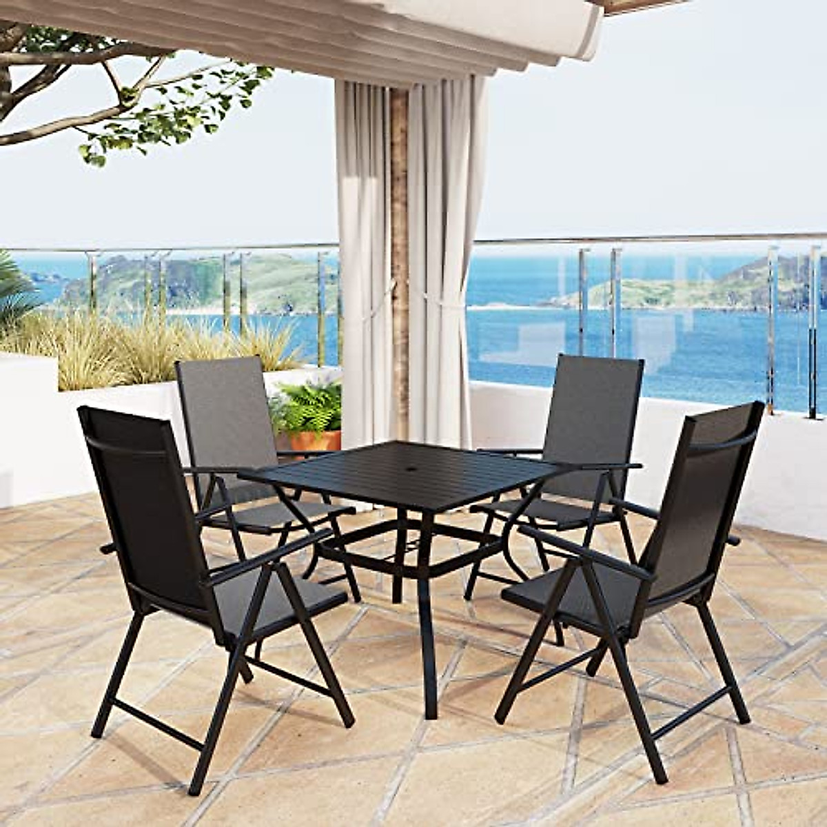 MFSTUDIO Outdoor Dining Set for 4, Aluminum Height Adjustable Folding Chair and Heavy-Duty Black Slat Metal Table, Patio Furniture Dining Table Set, Black