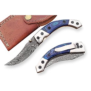HUNTEX Handmade Hand-Forged Rain Drop Pattern Damascus Steel 4 Inch Long Pakka Wood Handle Razor Sharp Hunting Camping Trailing Pocket Knife w/Pocket Clip & Genuine Leather Pouch
