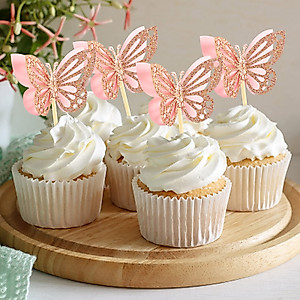 Chinco 48 Pcs Butterfly Cupcake Toppers Assembled Double Layer Cupcake Topper 3D Glitter Cupcake Topper Butterfly Cocktail Pick Decoration for Baby Shower Birthday Wedding (Pink,Classic Style)