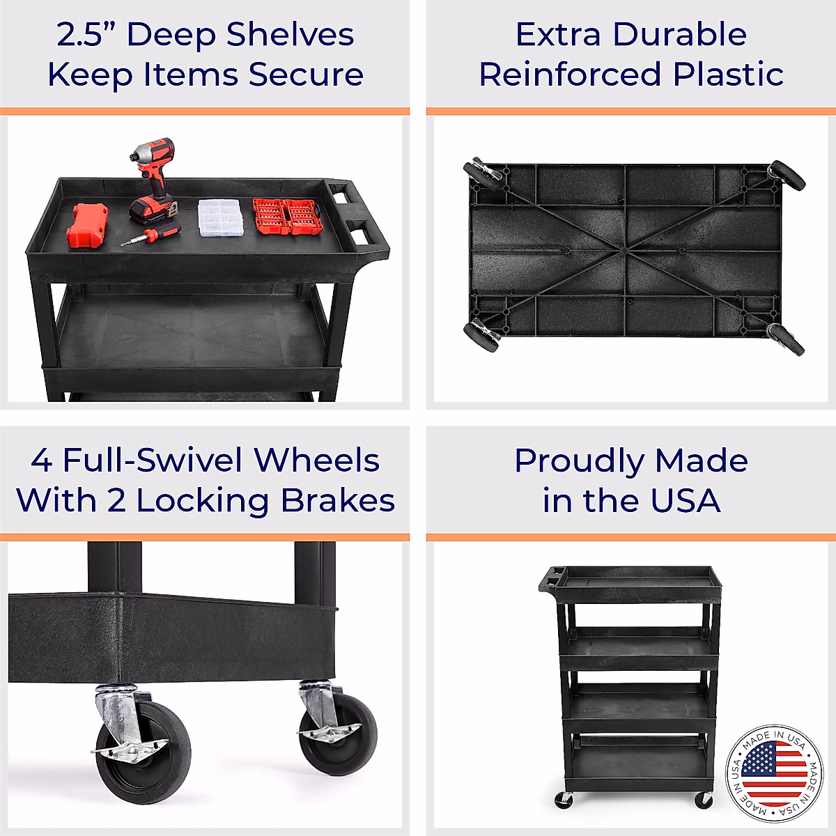 Stand Steady Tubstr 4 Shelf Utility Cart | Extra Tall Storage Cart & Rolling Tool Cart | Tub Shelf Utility Cart with Wheels for School, Garage, Office & Warehouse | Made in USA (35 x 18 x 50in/Black)