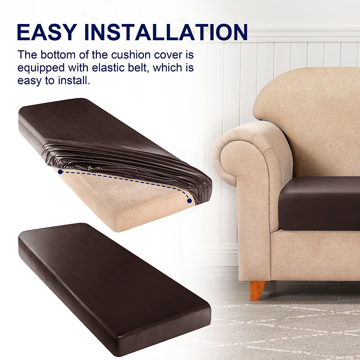 SUBRTEX Leather Waterproof Cushion Covers Breathable Sofa Seat Slipcpvers for 3 Seaters Stretch Replacement for Furniture Protector (Large, Chocolate)